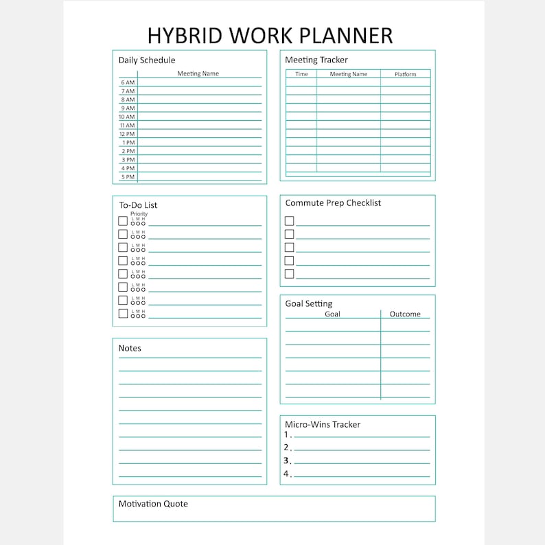 Hybrid Work Planner Fillable Turquoise PDF - Etsy