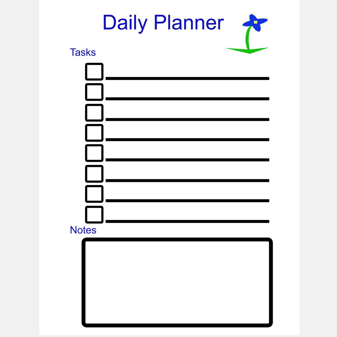 Printable Daily Planner. Blue Flower Design With Checkboxes and Notes ...