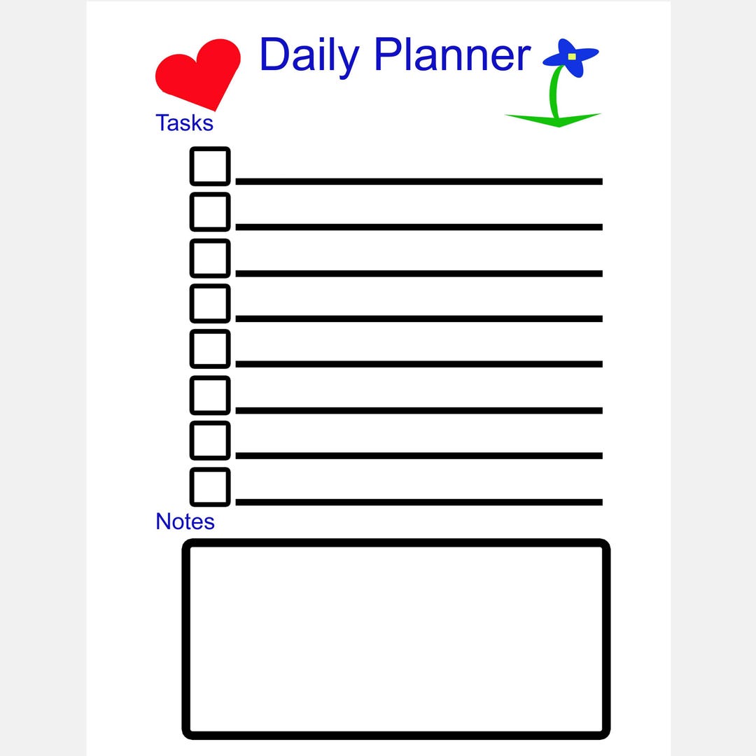 Printable Daily Planner, With Heart and Flower. Eight Tasks Plus Notes ...
