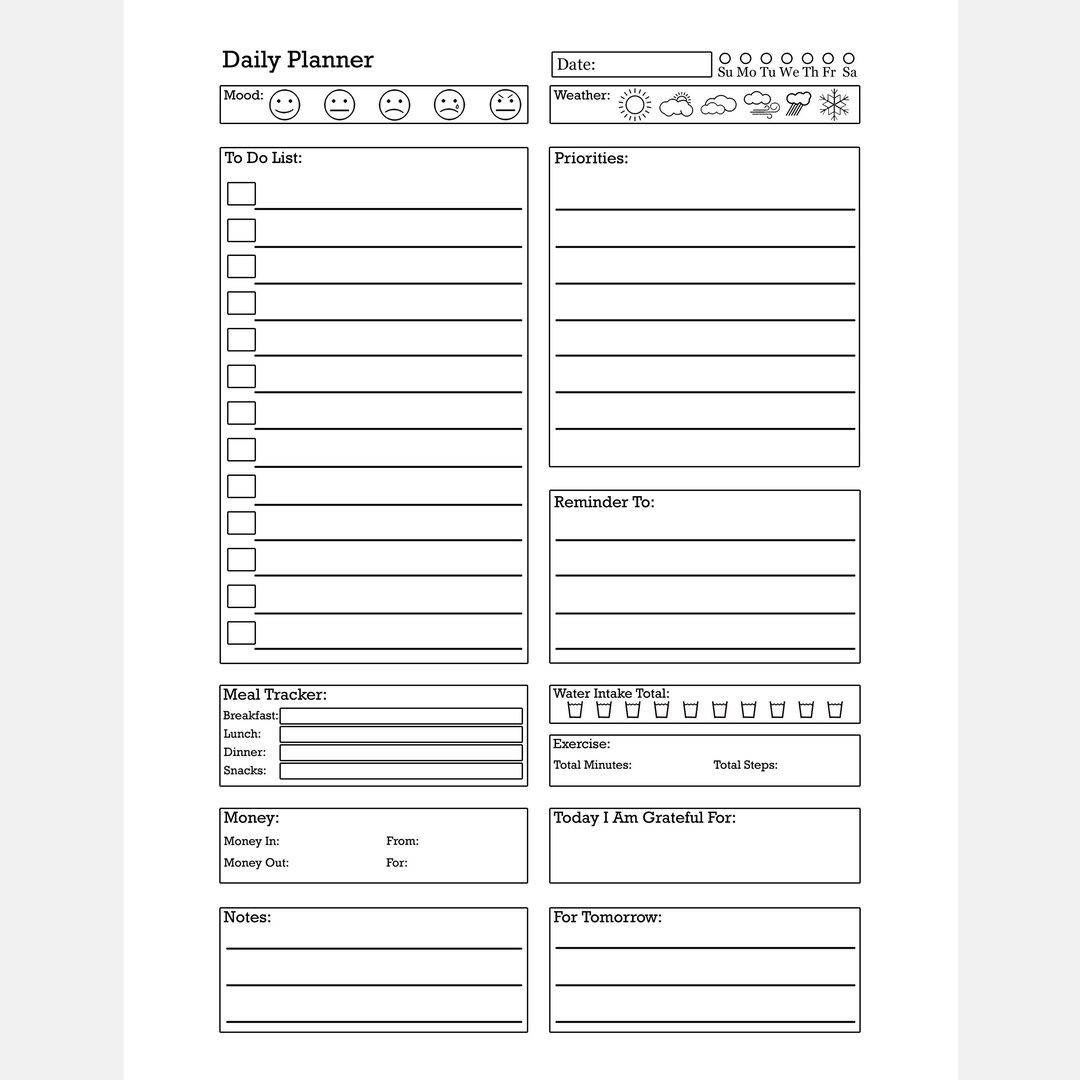 Printable Daily Planner - Mood, Meals, Money, Priorities, Water ...