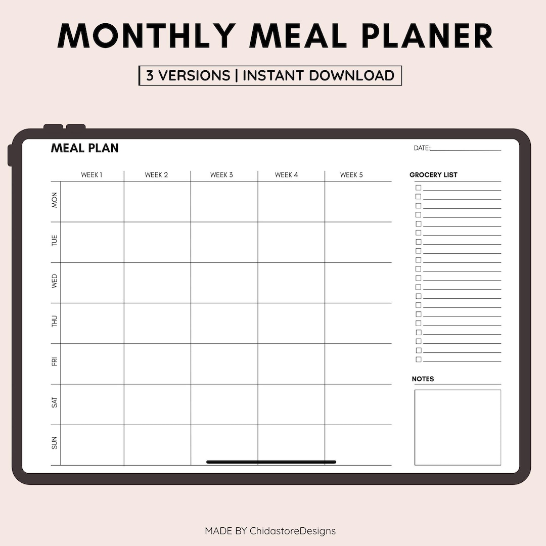 Monthly Meal Planner Printable | Digital Meal Planning Template ...