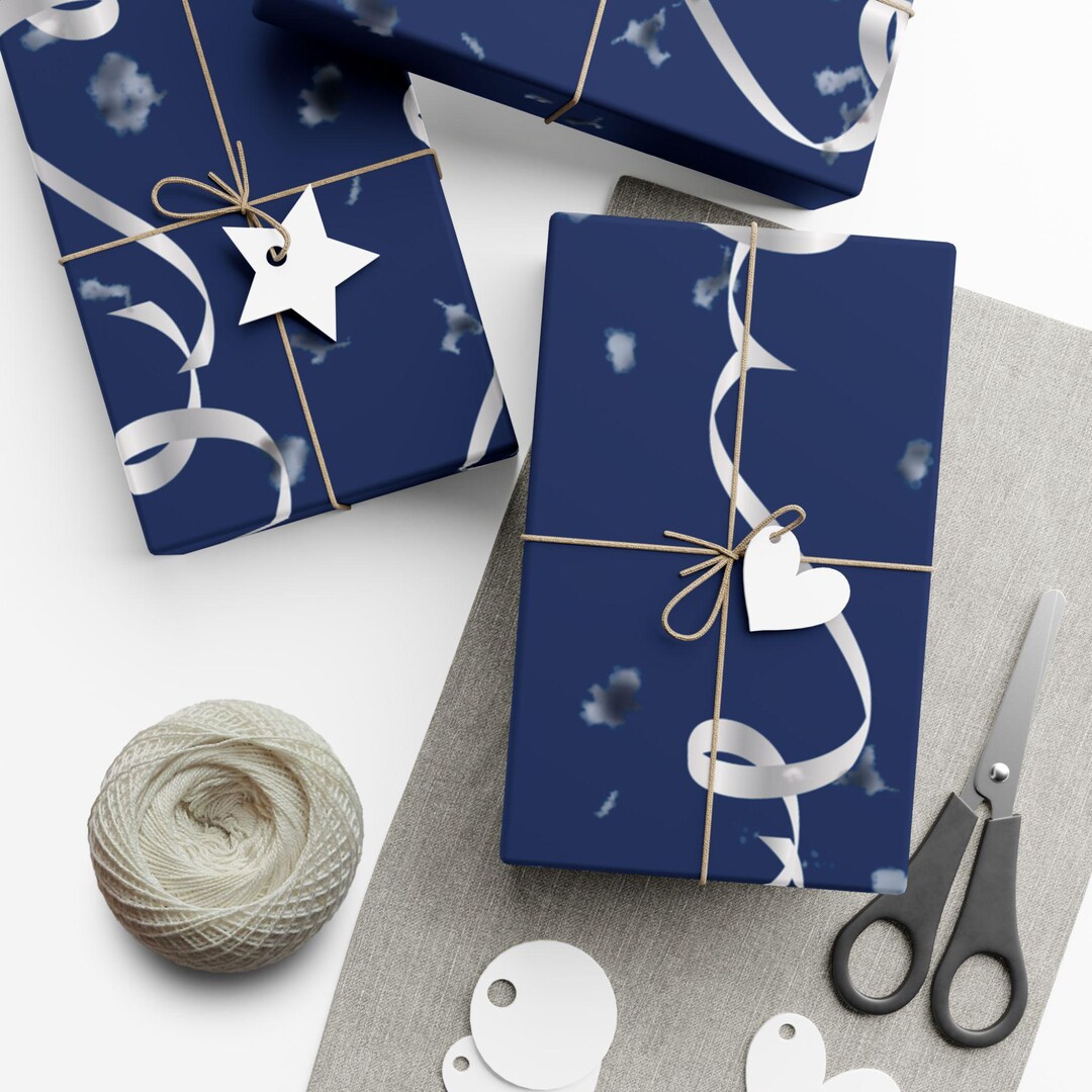Elegant Blue Ribbon Gift Wrap Paper, Luxury Holiday Wrapping Paper ...