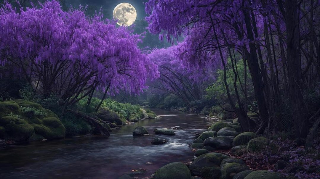 Moody Creek Print/full Moon/tree Landscape Digital Download - Etsy