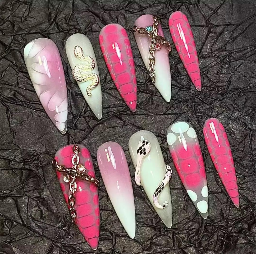 Snake Nail Art Press Ons | Pink Ombre Croc Print Stiletto Nails With 3D ...