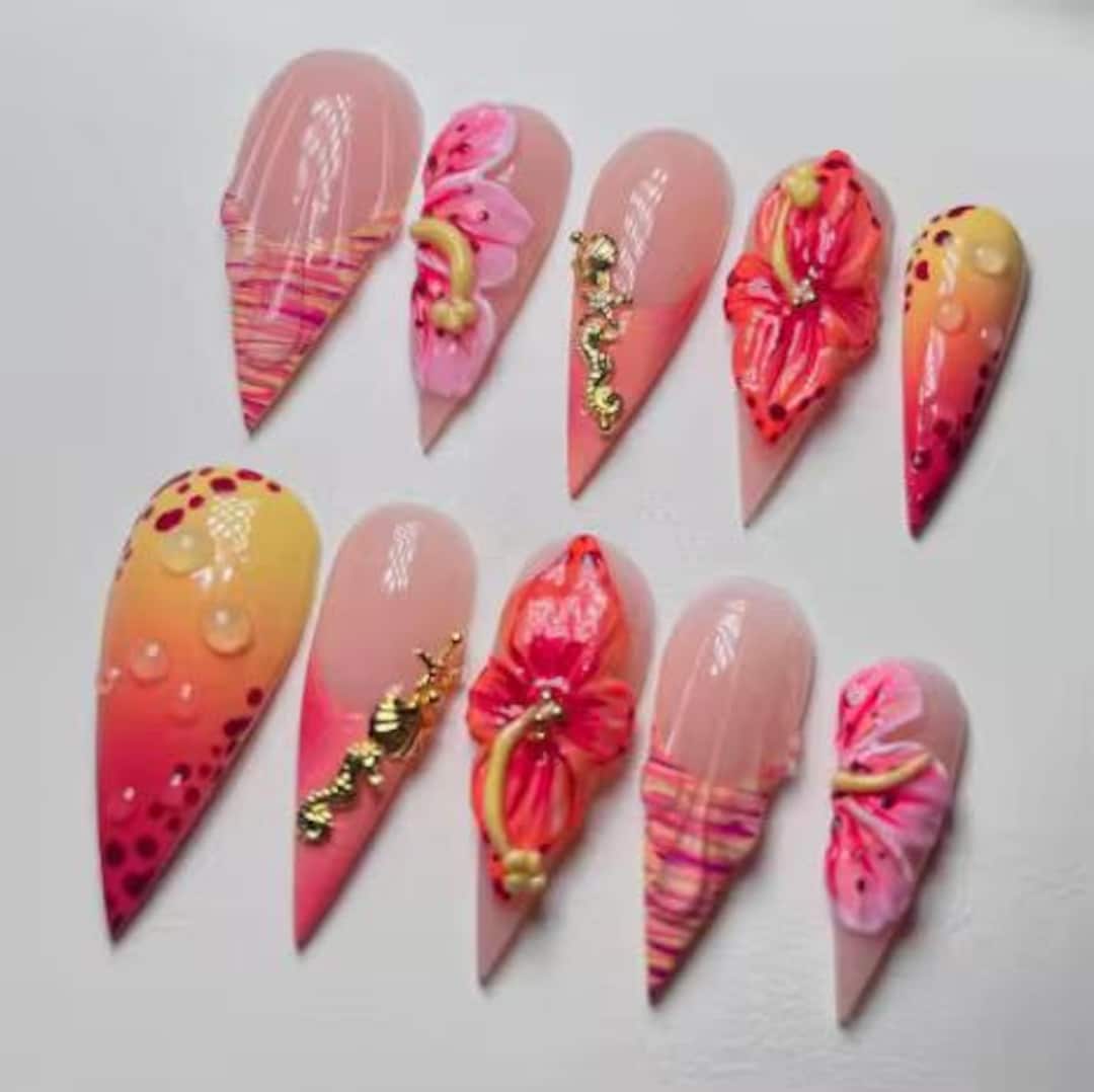 Tropical Hibiscus Press on Nails – Sunset Ombre Long Stiletto Nails ...