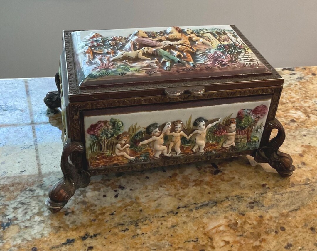 Antique Capodimonte Reuge, Music Trinket Box Porcelain W Gold Metal ...