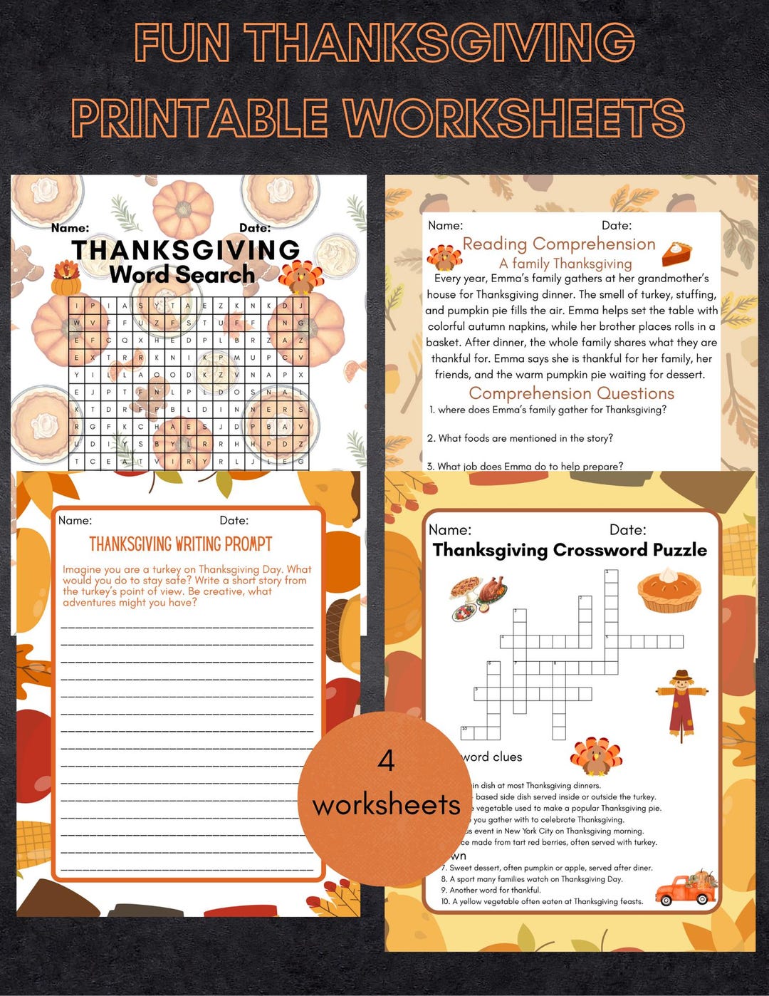 Thanksgiving Literacy Worksheet Bundle - Etsy
