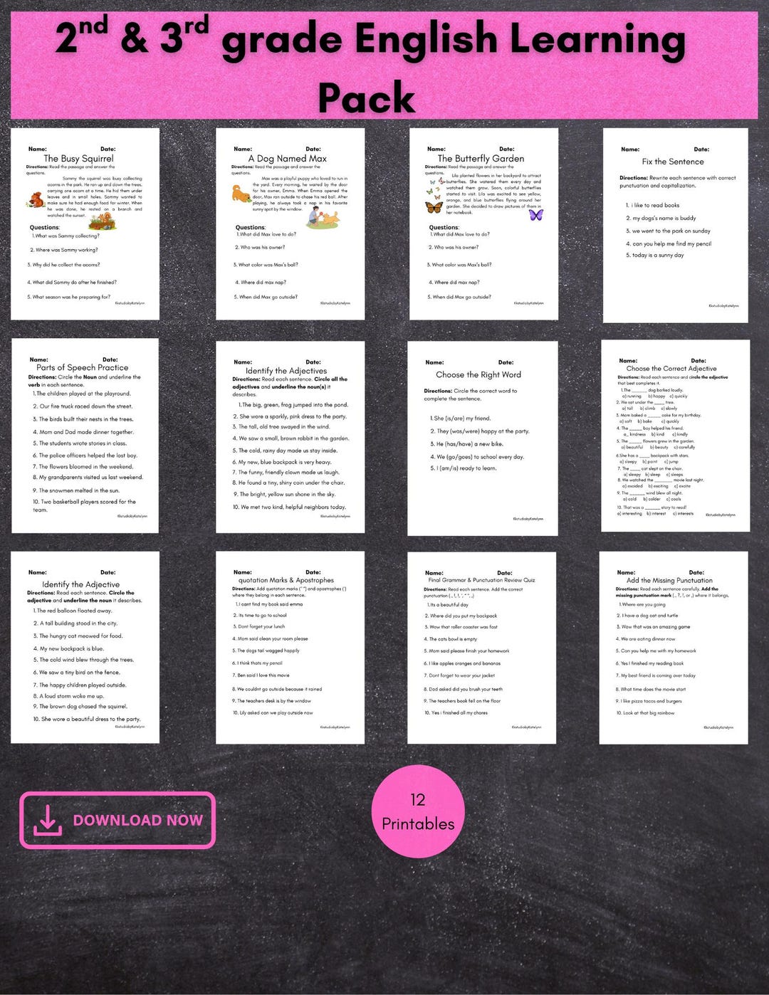 2nd–3rd Grade English Grammar & Reading Comprehension Worksheets ...