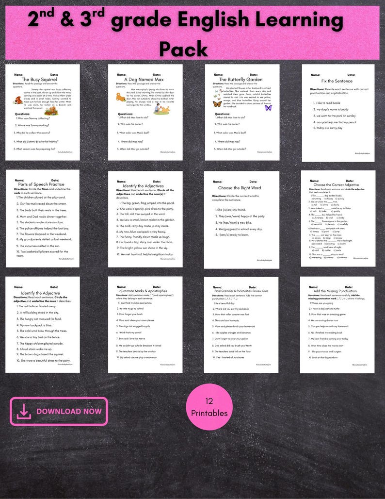 2nd–3rd Grade English Grammar & Reading Comprehension Worksheets ...