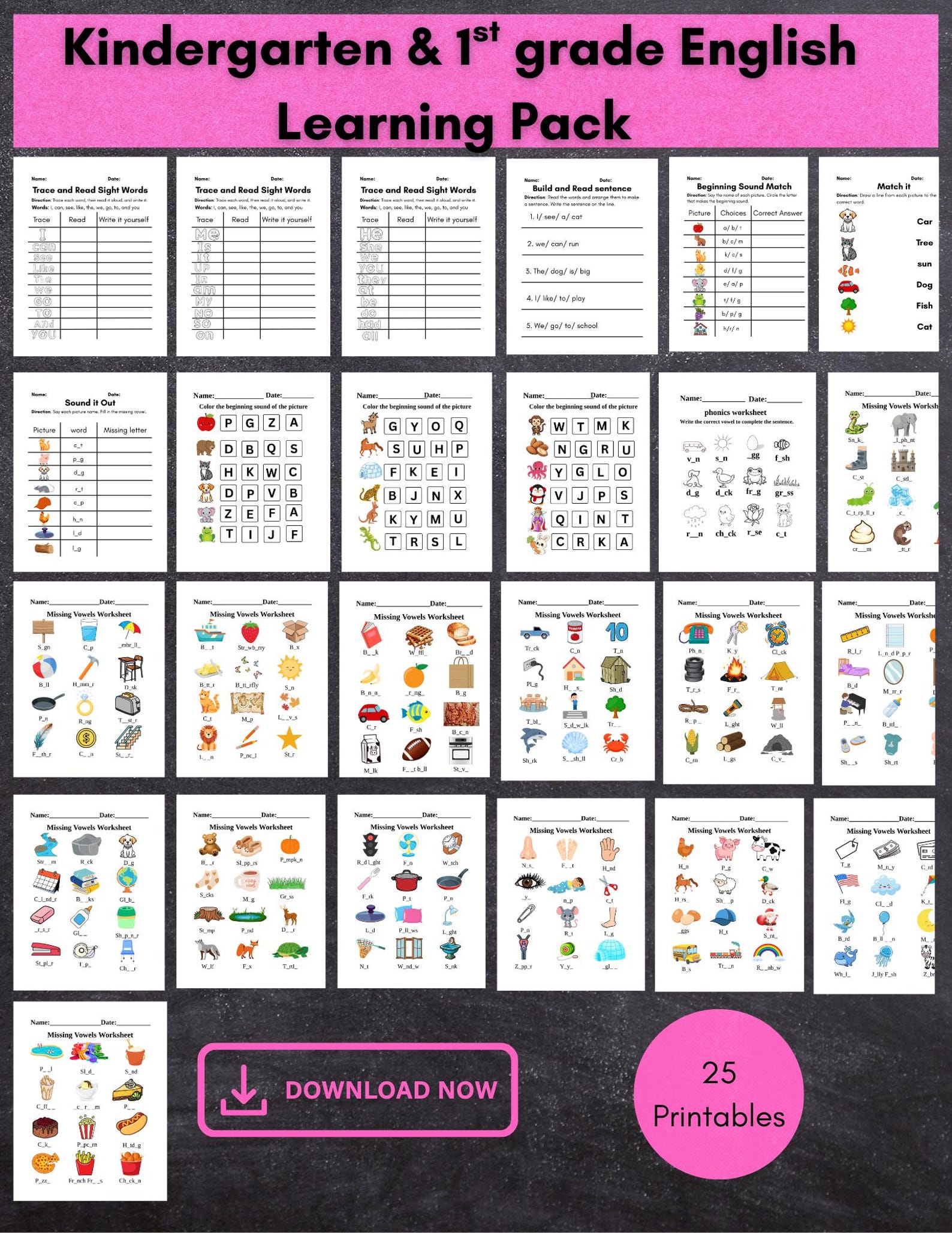 Kindergarten–1st Grade English Worksheet Bundle | Sight Word Tracing ...