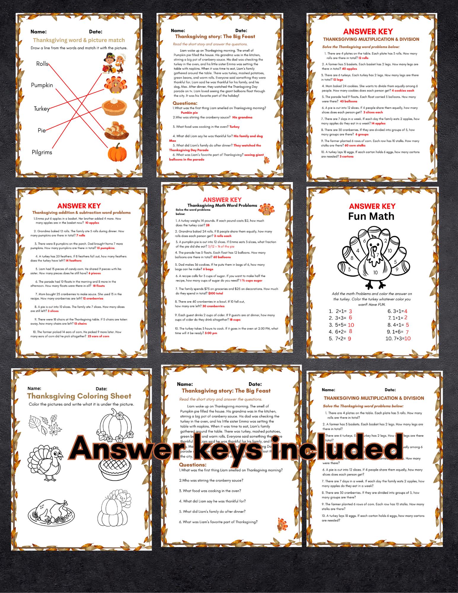 Thanksgiving Worksheet Bundle | Math & Reading (printable) - Etsy