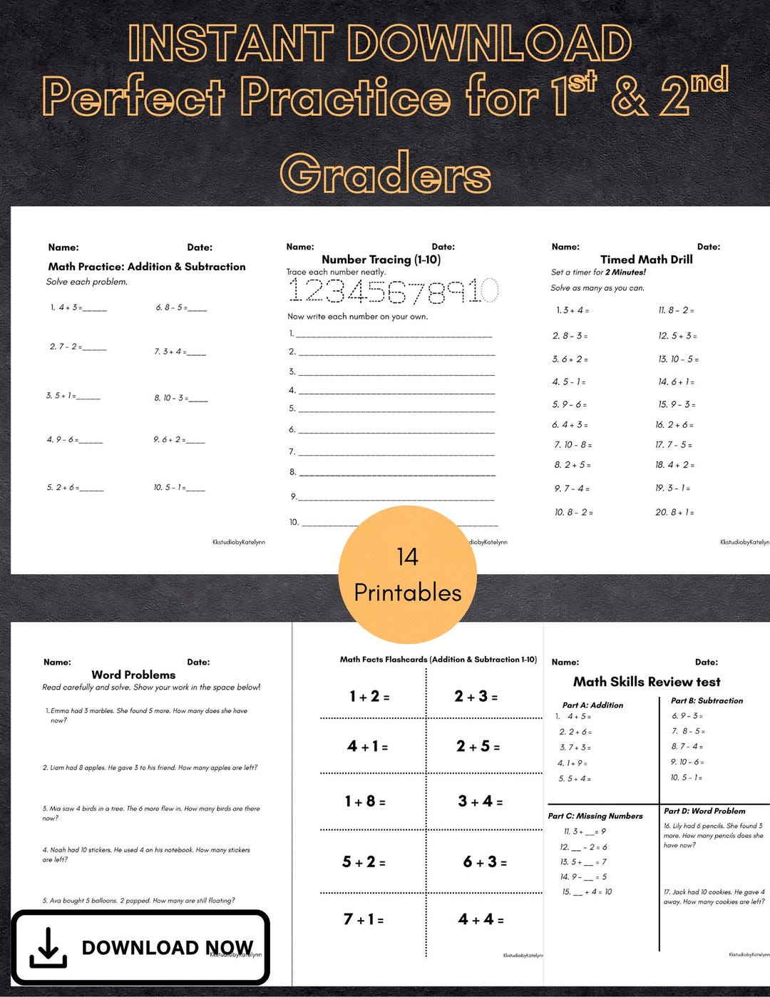 14 Printable Math Worksheets for Grades 1-2 | Addition & Subtraction ...