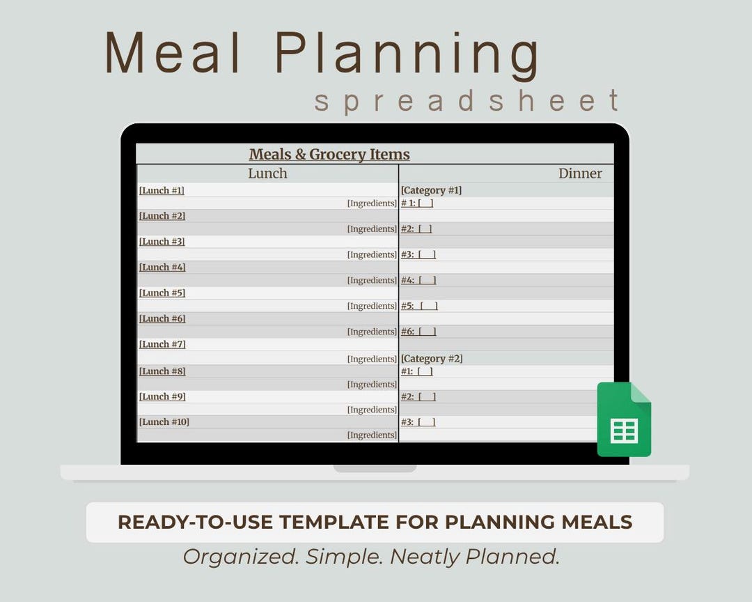 Meal Ideas & Grocery List Spreadsheet | Google Sheets Meal Planning ...