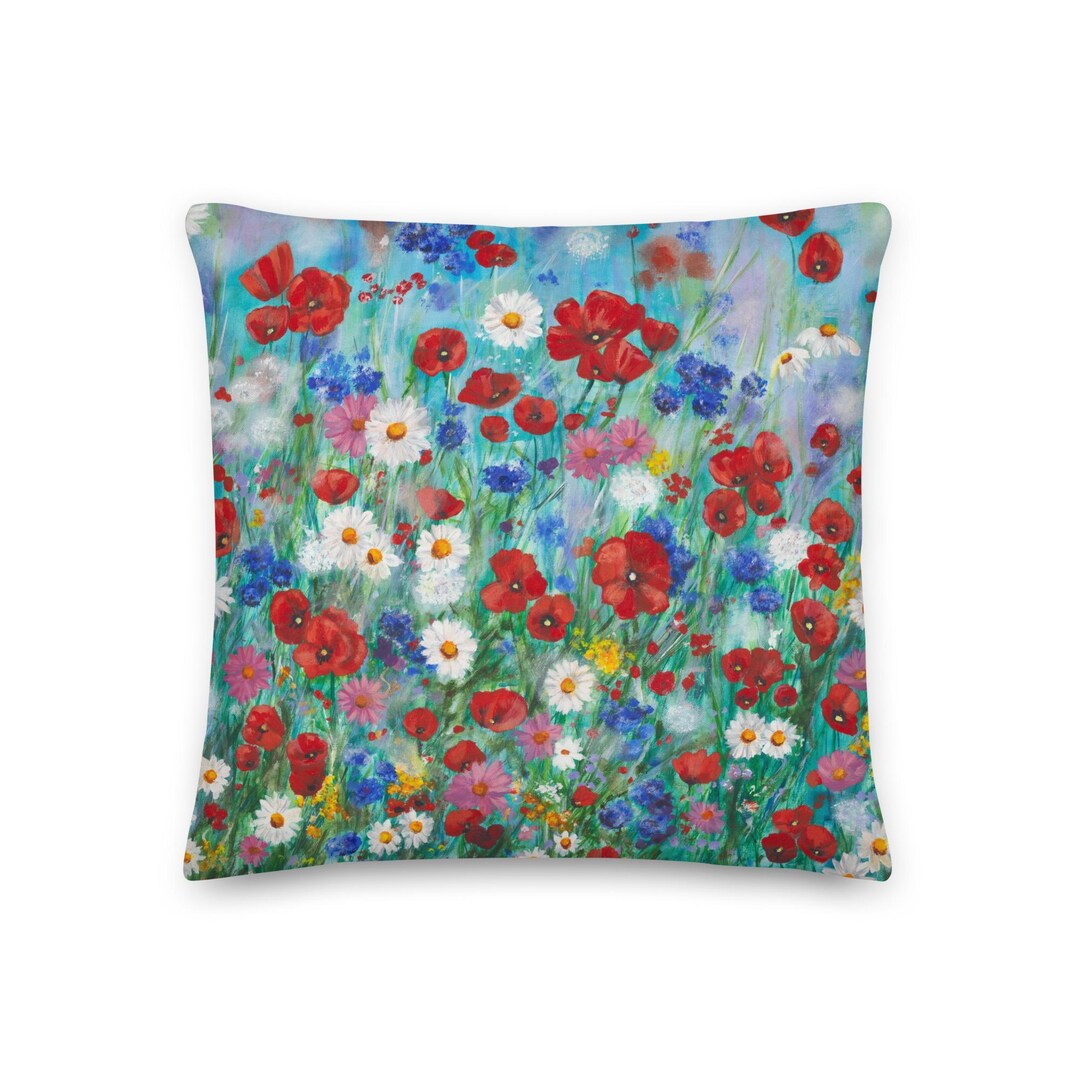 Floral Poppy Daisy Premium Pillow/ Cushion, Vibrant Wild Colour Flower ...