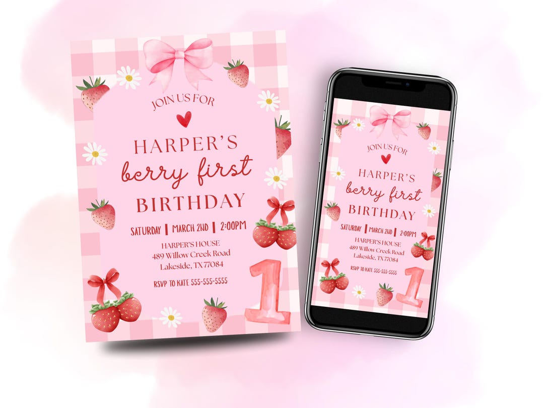 Berry First Birthday Invitation, Berry 1st Birthday Invitation, Bow ...