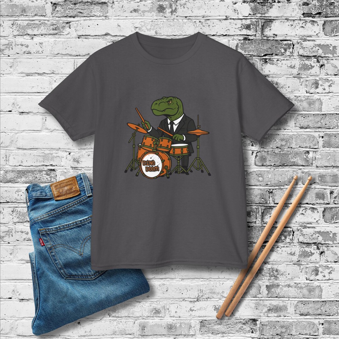 Kids "dino Doom" T-rex Drummer Shirt: Funny Graphic Tee - Etsy