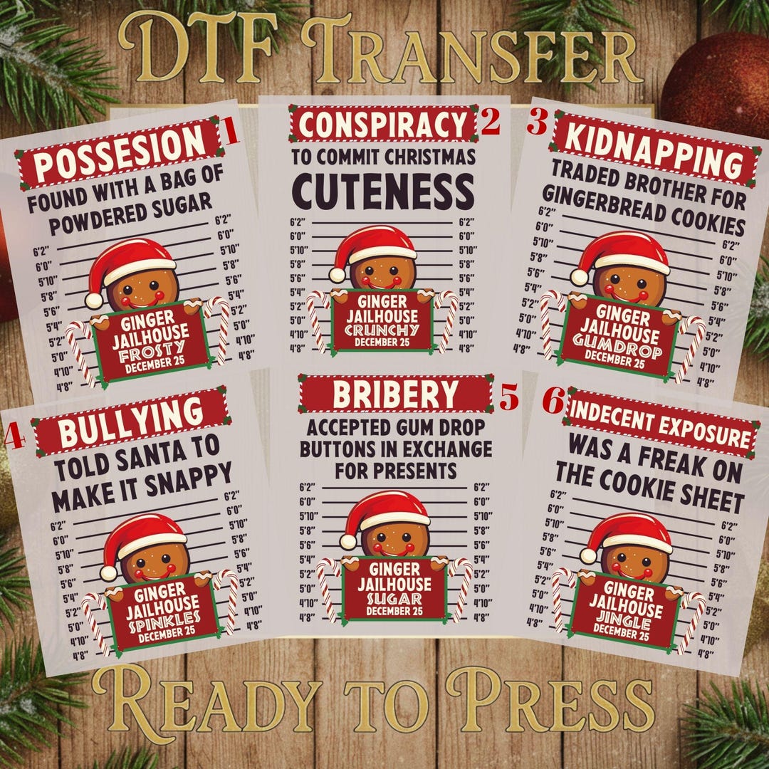 Funny Gingerbread Mugshots DTF Transfer Set, Christmas Jail Ready to ...