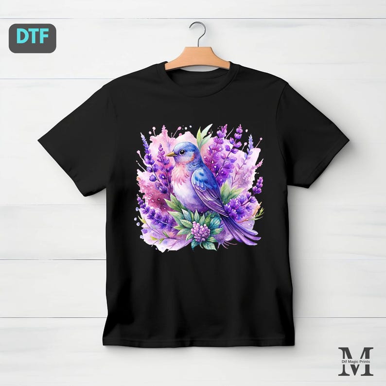 Lavender Bird DTF Transfer, Watercolor Bluebird Art, Spring Floral ...