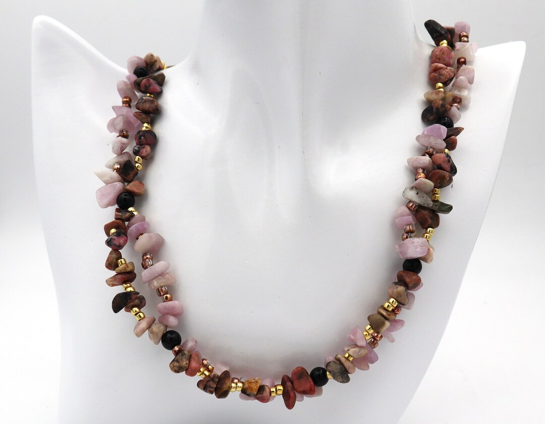 Gemstone Chip Necklace, Rhodonite and Rose Quartz Chip Necklace ...
