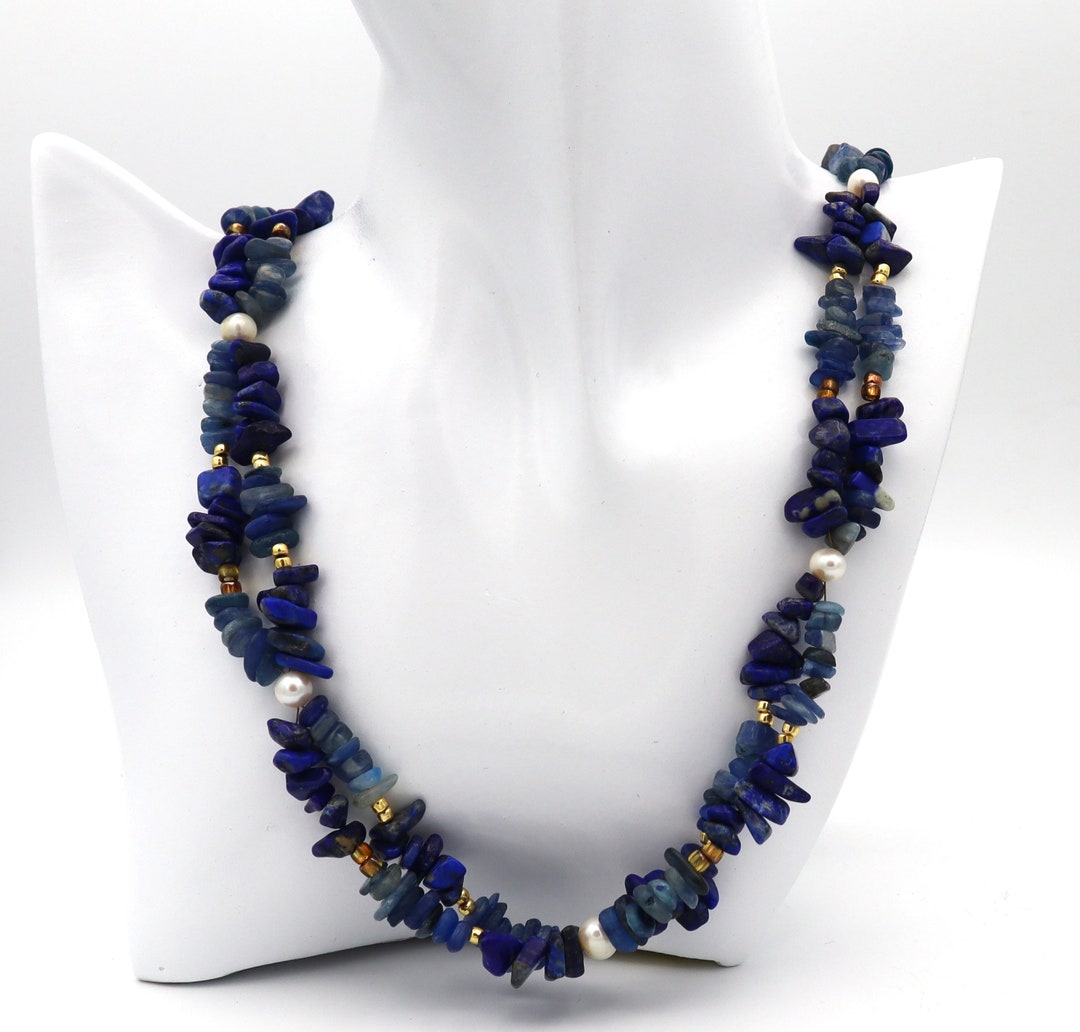 Gemstone Chip Necklace, Lapis & Kyanite Chip Necklace Jewelry, Handmade ...