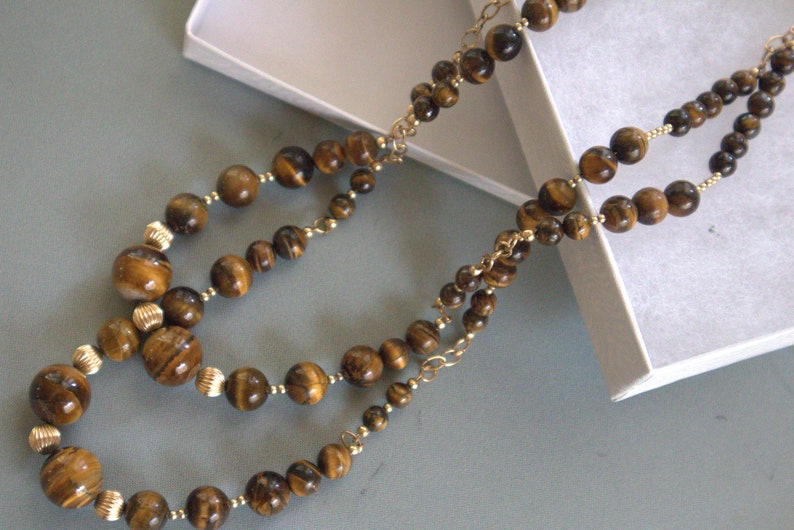 Double Strand Tigers Eye Necklace, Tiger's Eye and Gold Necklace ...