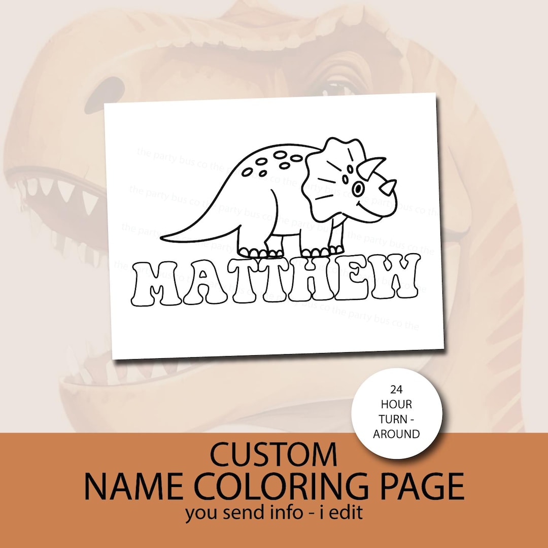 Custom Name Dinosaur Coloring Page: Printable Dino Party Game (digital ...