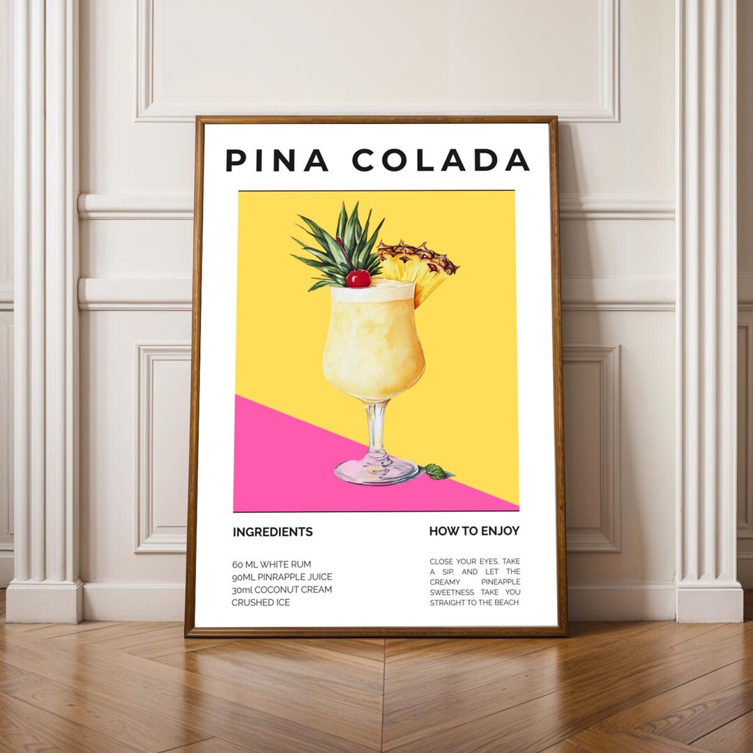 Piña Colada Cocktail Print | Art Print, Cocktail Poster | Yellow Decor ...
