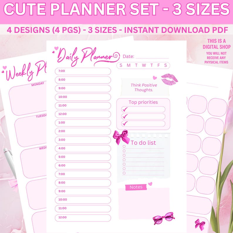 Cute Girly Planner Bundle | Daily + Weekly + Monthly | 3 Pages ...