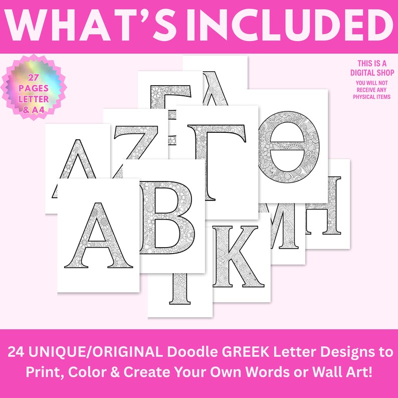 Greek Alphabet Doodle Coloring Set | Hand-drawn Greek Letters for ...