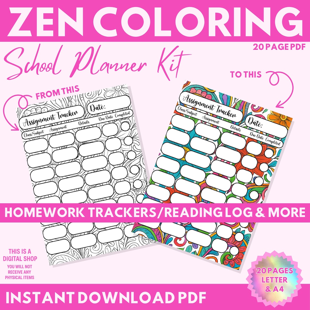 Zen School Planner Coloring Kit | 20 Printable Pages | Homework ...