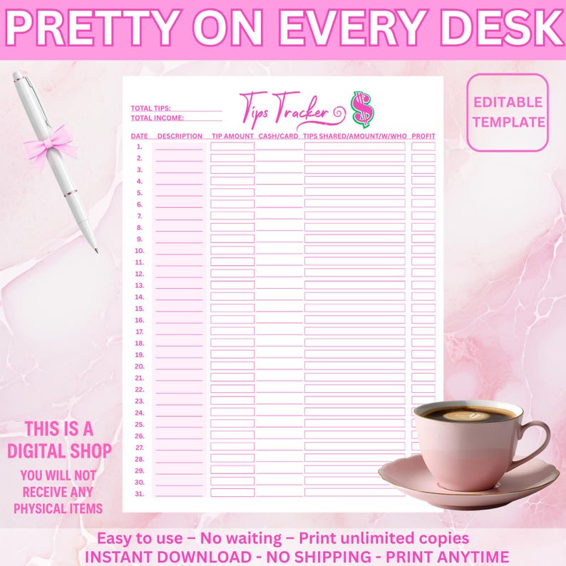 Tips Tracker Printable | Weekly & Monthly Tip Log | Cash and Card ...