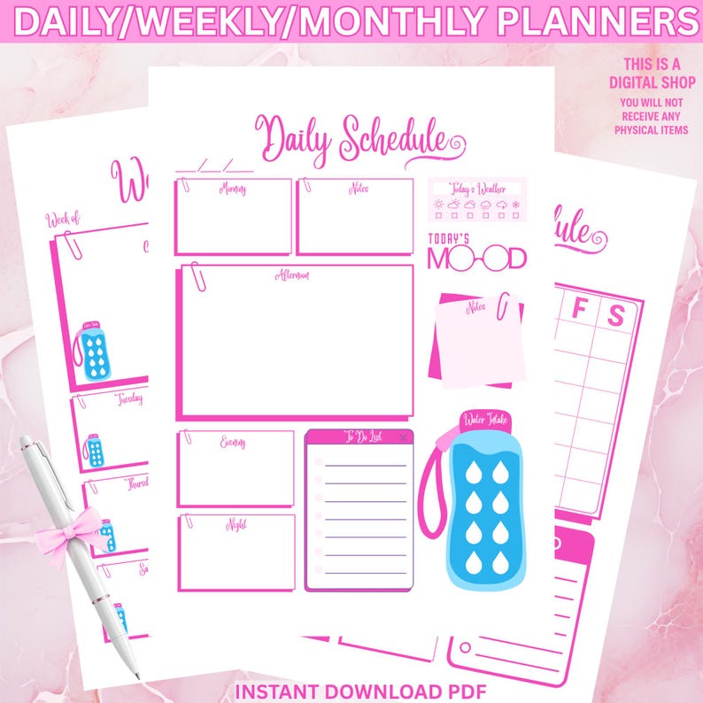Cute Pink Daily Weekly Monthly Planner | Printable Digital Planner ...