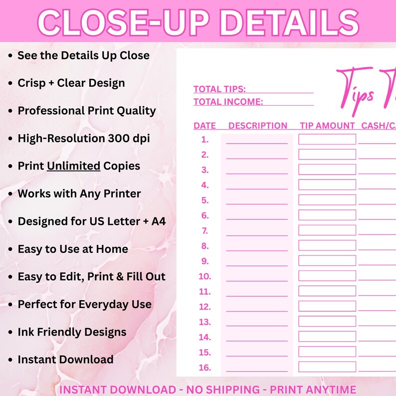 Tips Tracker Printable | Weekly & Monthly Tip Log | Cash and Card ...