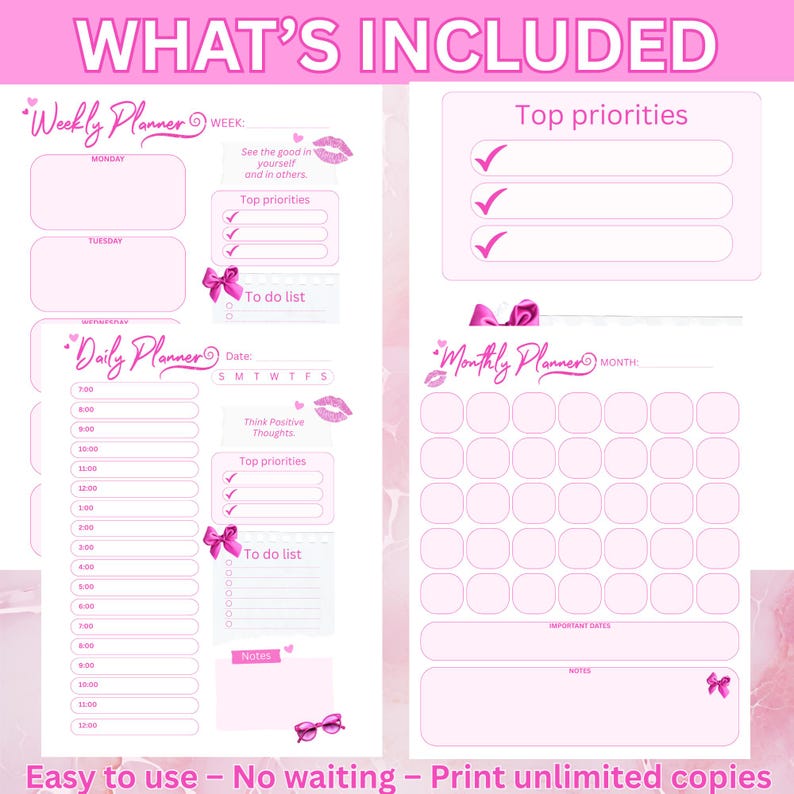 Cute Girly Planner Bundle | Daily + Weekly + Monthly | 3 Pages ...