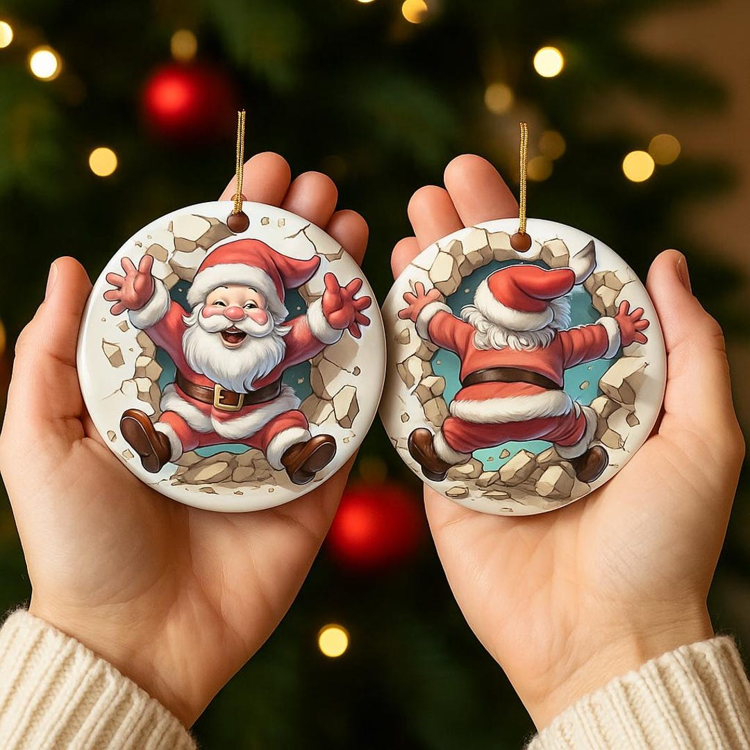 Santa Wall Break Ceramic Christmas Ornament: Double Sided Print - Etsy