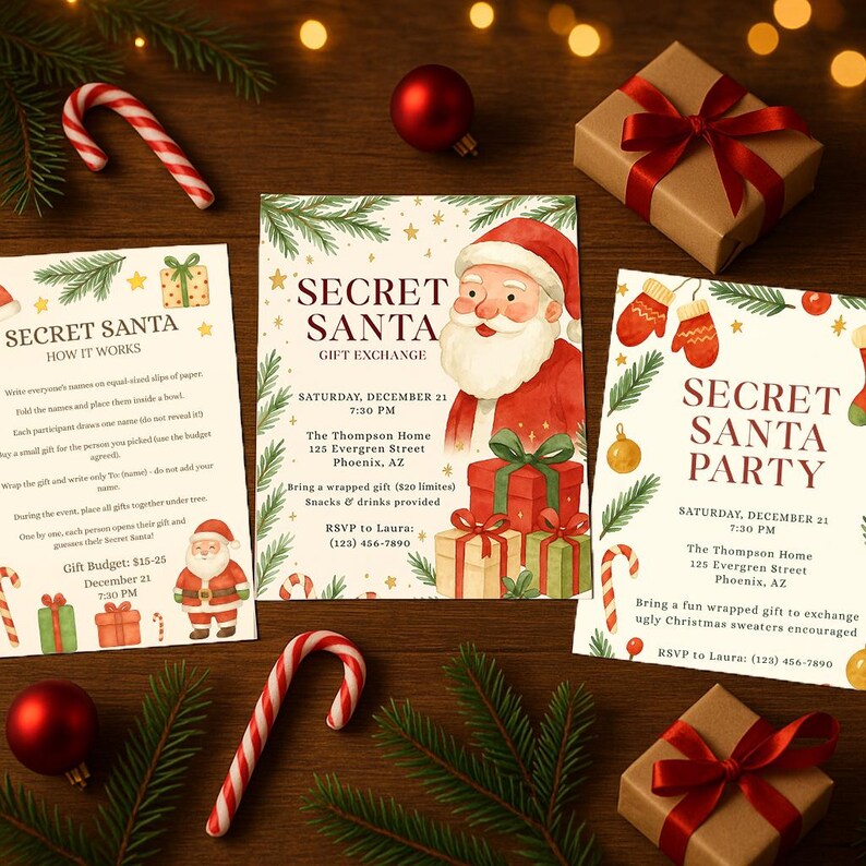 Watercolor Secret Santa Invitation Kit – Editable Canva Templates ...