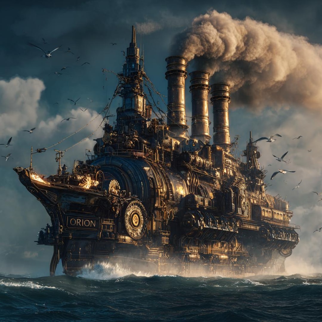 Steampunk Ship Wall Art Printable, Cinematic Mechanical Vessel Ocean ...