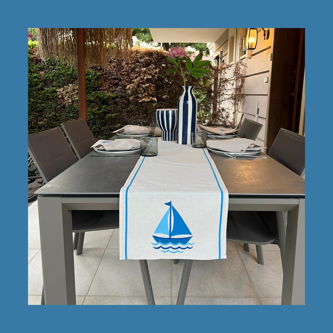 Sailboat Embroidered Napkins: Linen-look Cotton Blend, Nautical Coastal ...