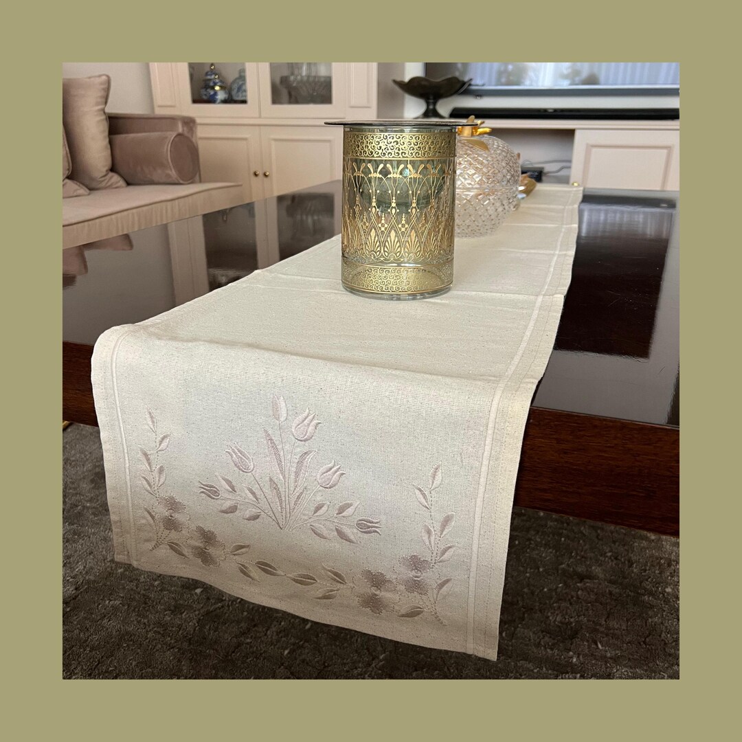 Embroidered Linen-look Table Runner – Bloom Ivory | Cream Floral ...