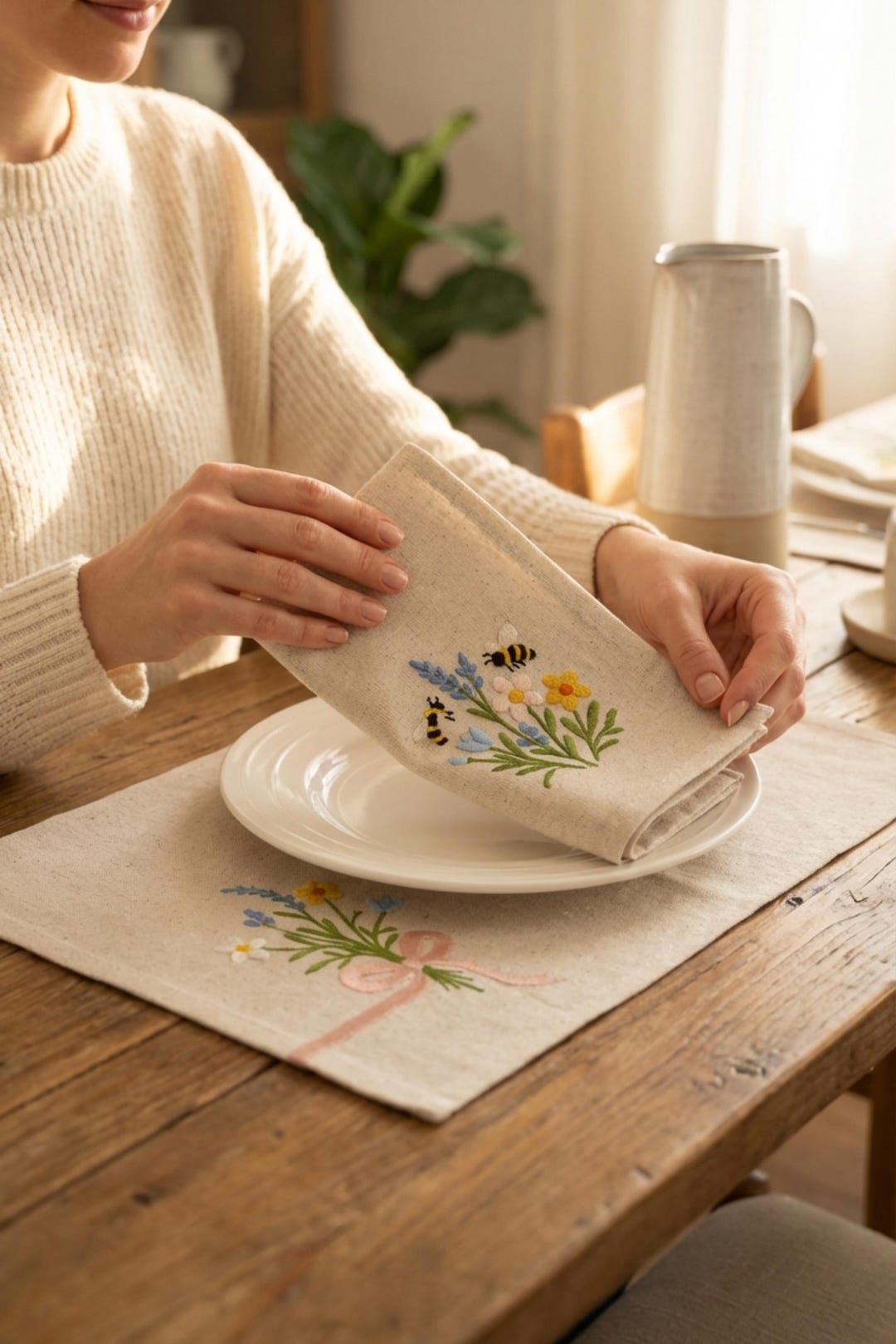 Easter Table Linens | Embroidered Spring Floral Placemat and Napkin Set ...