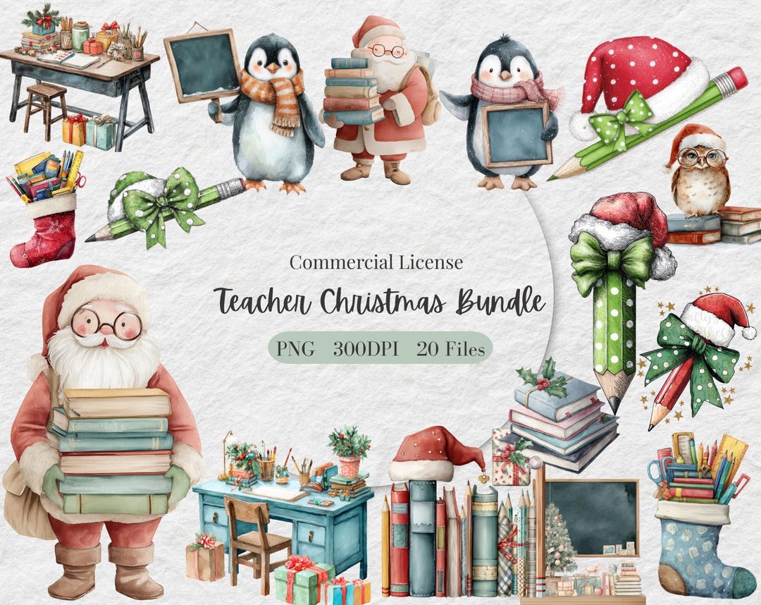 Teacher Christmas Clipart: Holiday Classroom PNG Graphics (digital ...