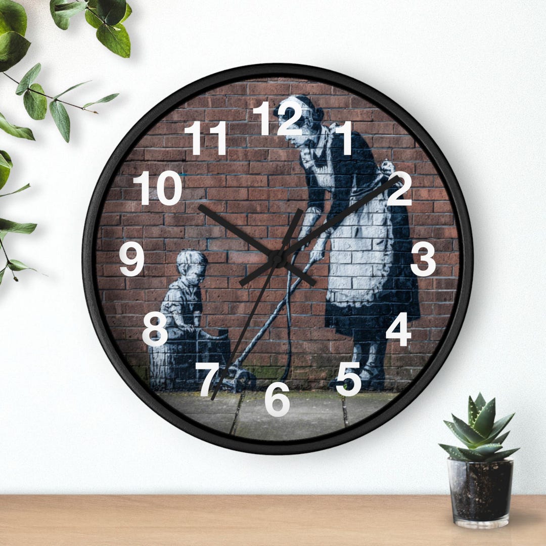 Vacuuming Graffiti Wall Clock | Graffiti Brick Mural Clock, Living Room ...