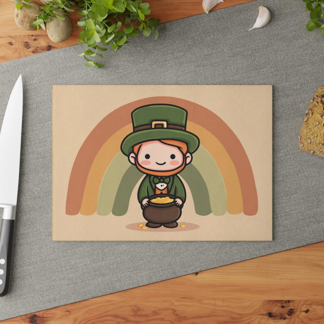 Kawaii Leprechaun Pot Glass Cutting Board | St. Patrick's Day Rainbow ...