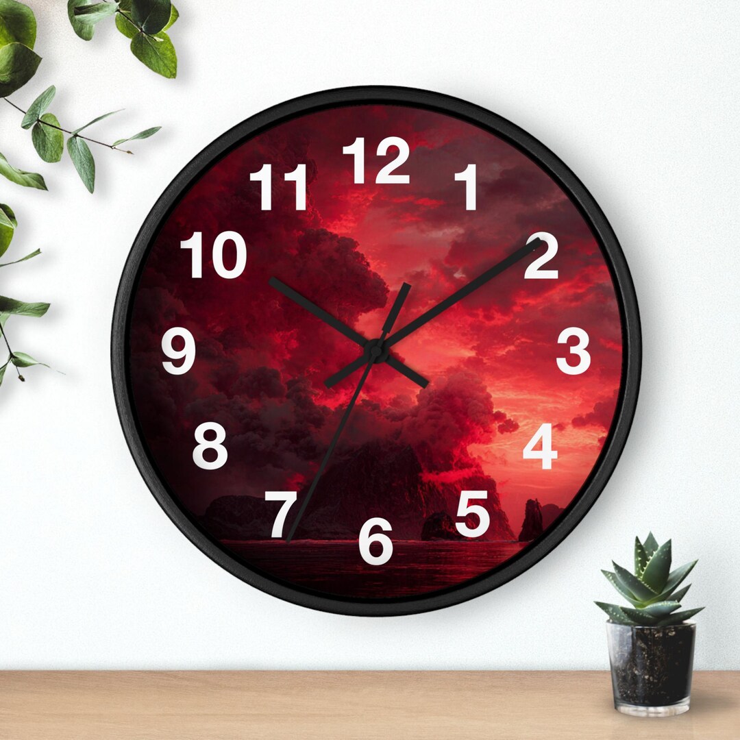 Crimson Volcanic Isles Wall Clock | Red Dramatic Sky, Kitchen Wall ...