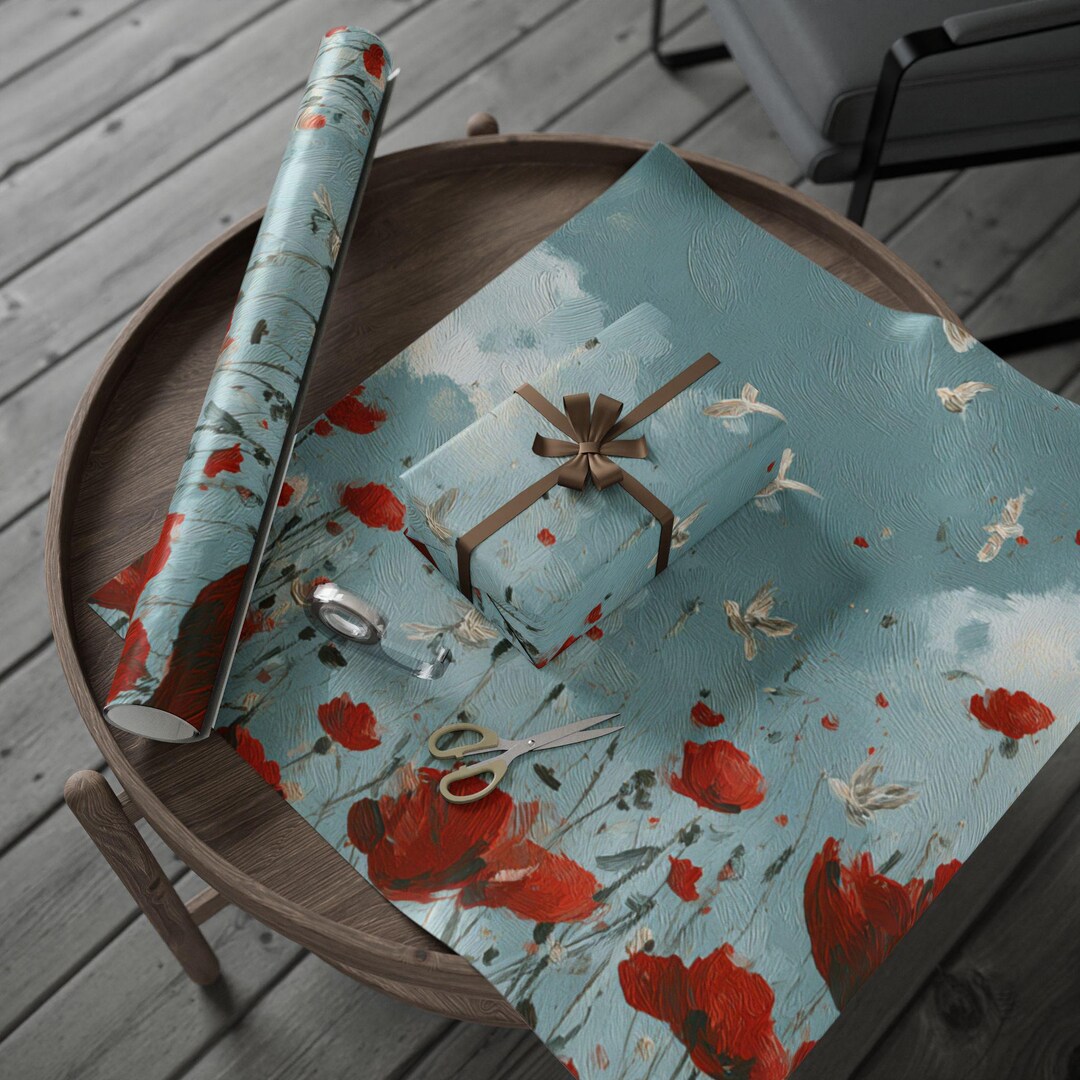 Doves Over Poppies Wrapping Paper | Floral Celestial Gift Wrap, Eco ...