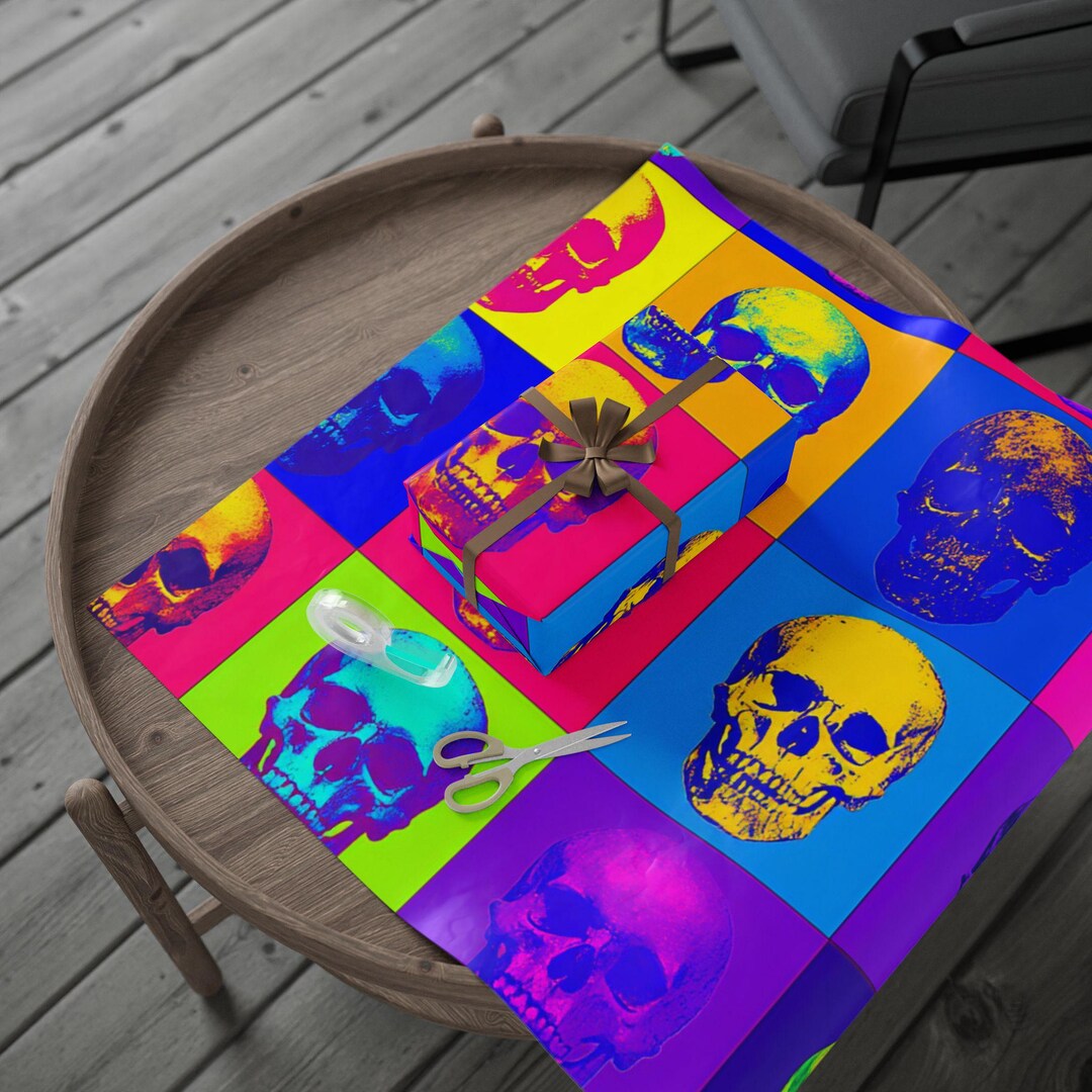 Skulls in Neon Wrapping Paper, Gift Wrap for Halloween, Birthday, Fun ...