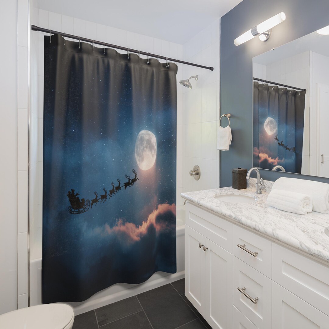 Sleigh Moon Silhouette Shower Curtain With Santa and Moon, Holiday ...