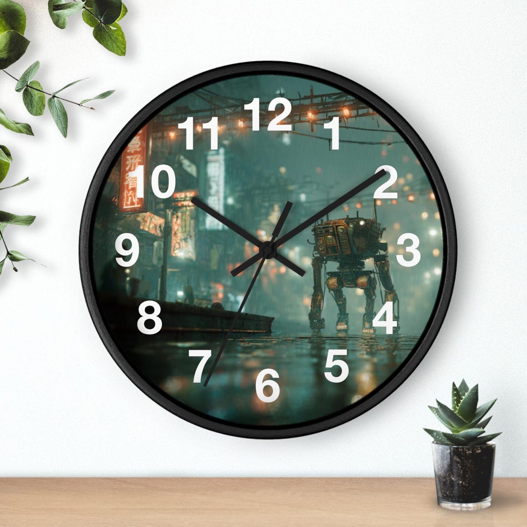 Flooded Mech Grave Wall Clock | Robot Mech Neon Street Scene, Kitchen ...