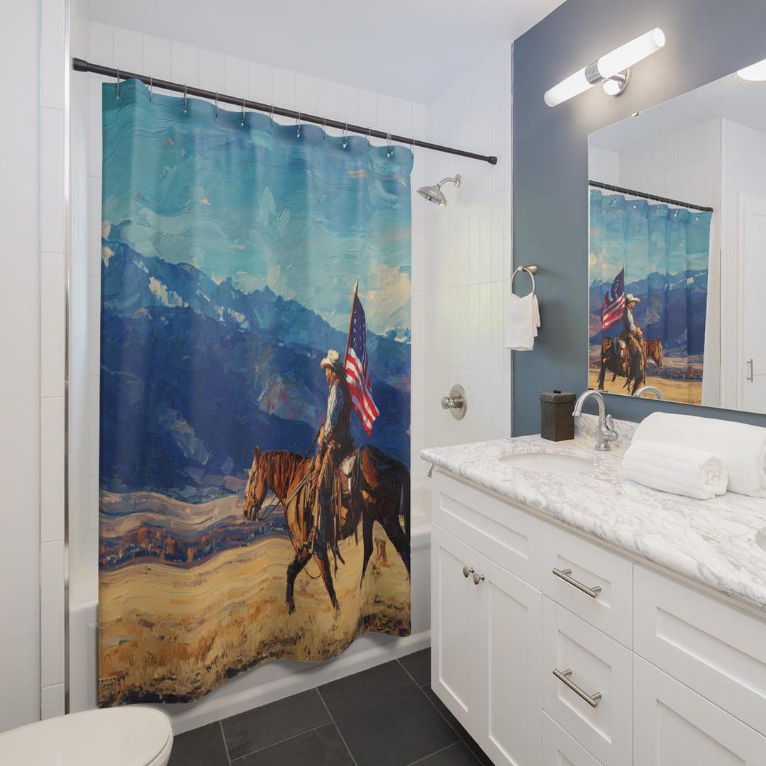 Cowboy Flag Rider Shower Curtain, Vintage Horse Decor, Western Bathroom ...