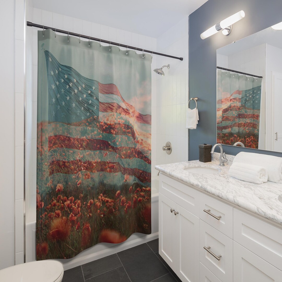Flag-poppy Double Exposure Shower Curtain | Vintage Floral Patriot ...